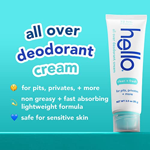 hello All Over Clean & Fresh Deodorant Cream, Aluminum Free Deodorant Cream for Pits, Privates + More, Offers 72 Hours of Freshness, Safe for Sensitive Skin, Vegan, 1 Pack, 3 Oz Tube