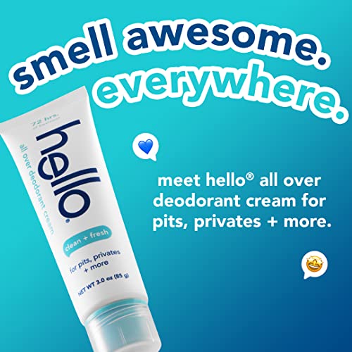 hello All Over Clean & Fresh Deodorant Cream, Aluminum Free Deodorant Cream for Pits, Privates + More, Offers 72 Hours of Freshness, Safe for Sensitive Skin, Vegan, 1 Pack, 3 Oz Tube