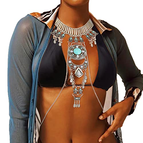 ELABEST Western Turquoise Necklace Boho Chest Chain Body Chain Native American Jewelry for Women (Silver)