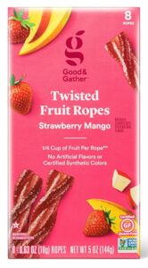 g&g twisted fruit ropes strawberry mango 5 oz. 8 ct. no artificial flavors or synthetic colors. kosher and gluten free.