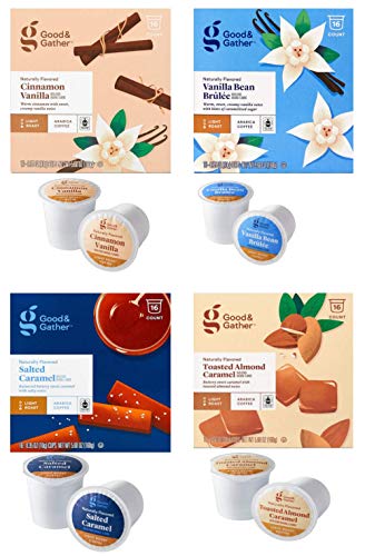 Granny's Pantry Good and Gather Naturally Flavored Single Serve Coffee Pods Bundle of 4 Limited Edition Flavors Cinnamon Vanilla Toasted Almond Caramel Salted Carmel and Vanilla Bean Brulee Fair Trade Certified,16 Count(Pack of 4)