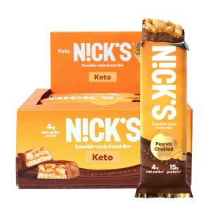 nick’s swedish style protein snack bar, chocolate peanut keto protein bar, 15g protein, low carb, low sugar, meal replacement bar, keto-friendly snack, 12-count