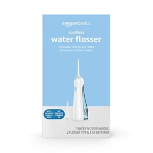 amazon basics hydroclean cordless water flosser, 1 water flosser handle, 2 flosser tips, 2 aa batteries included