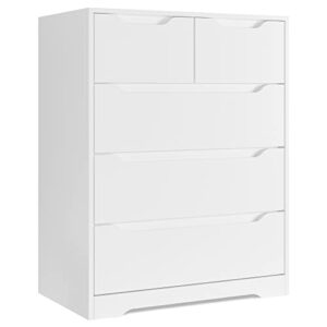 hostack modern 5 drawer dresser, chest of drawers with storage, wood clothing organizer with cut-out handles, accent storage cabinet for living room, bedroom, hallway, white