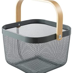 HOJKMA Mesh Steel Storage Organizer Basket, Multi-Functional Metal Wire Hanging Kitchen Baskets Fruit Basket with Bamboo Handle Ideal for Kitchen, Bathroom, Pantry, Cabinet Home, Shopping, Grey