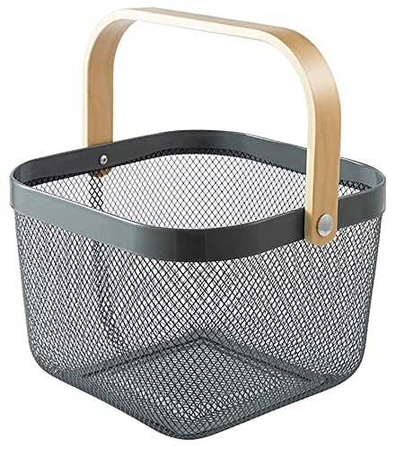 HOJKMA Mesh Steel Storage Organizer Basket, Multi-Functional Metal Wire Hanging Kitchen Baskets Fruit Basket with Bamboo Handle Ideal for Kitchen, Bathroom, Pantry, Cabinet Home, Shopping, Grey