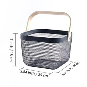 HOJKMA Mesh Steel Storage Organizer Basket, Multi-Functional Metal Wire Hanging Kitchen Baskets Fruit Basket with Bamboo Handle Ideal for Kitchen, Bathroom, Pantry, Cabinet Home, Shopping, Grey