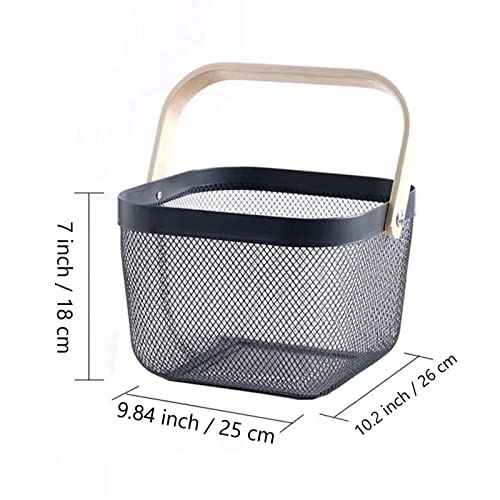 HOJKMA Mesh Steel Storage Organizer Basket, Multi-Functional Metal Wire Hanging Kitchen Baskets Fruit Basket with Bamboo Handle Ideal for Kitchen, Bathroom, Pantry, Cabinet Home, Shopping, Grey