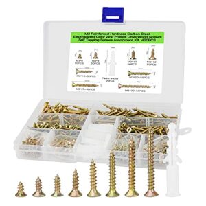 m3 flat head wood screws assortment fasteners kit 420pcs,phillips drive countersunk head self-tapping screws,yellow zinc plated finish,contains 20pcs m6 screw anchors