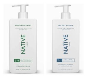 native eucalyptus & mint and sea salt & cedar 2-in-1 shampoo & conditioner set | sulfate free, paraben free, dye free, with naturally derived clean ingredients, 16.5 fl oz (532 ml) each