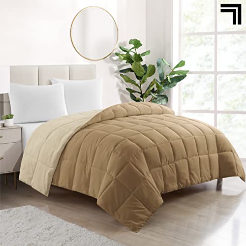 SHARPER IMAGE All Season Down Alternative Box Stitch Reversible Comforter, King, Tan