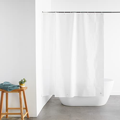 Amazon Basics Water Resistant 8-Gauge PEVA Shower Curtain Liner with Bottom Magnets and Plastic Shower Hooks - 72" x 72", White