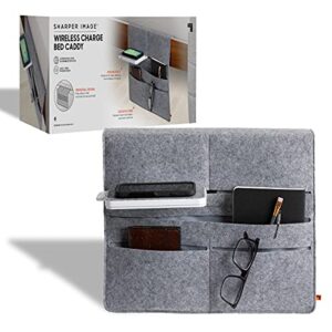 sharper image wireless qi-charging bed caddy, soft fabric organizing pockets with phone shelf and universal bed attachment