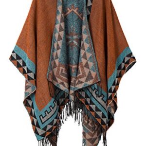 Urban CoCo Women's Printed Tassel Open front Poncho Cape Cardigan Wrap Shawl (Orange-series 5)