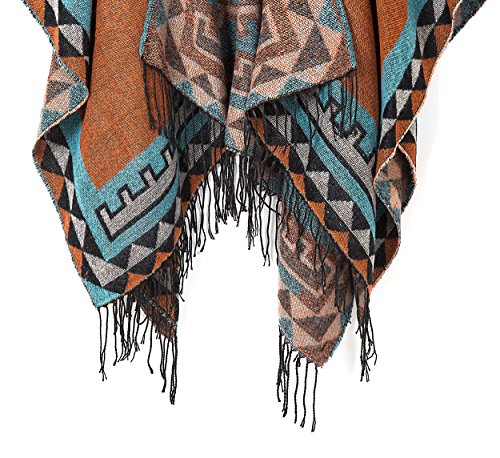 Urban CoCo Women's Printed Tassel Open front Poncho Cape Cardigan Wrap Shawl (Orange-series 5)