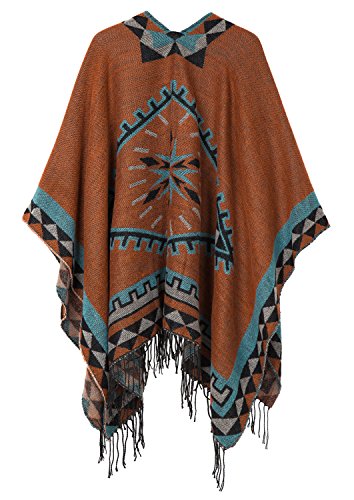 Urban CoCo Women's Printed Tassel Open front Poncho Cape Cardigan Wrap Shawl (Orange-series 5)