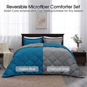 Basic Beyond Down Alternative Comforter Set (Queen, Algiers Blue/Charcoal Gray) - Reversible Bed Comforter with 2 Pillow Shams for All Seasons