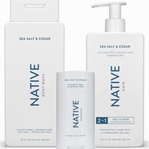 Native Deodorant, 2-in-1 Shampoo and Conditioner, & Body Wash Set | Made with Naturally Derived Clean Ingredients, Sea Salt & Cedar - Set of 3