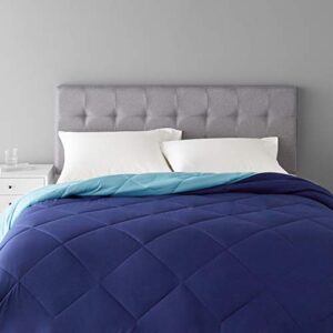 amazon basics reversible, lightweight microfiber comforter blanket – full/queen, navy / sky blue