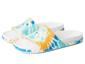 native shoes spencer lx print flat sandals for men, and women – eva footbed, fixed strap, and open toe designshell white/orange tie-dye men’s 7, women’s 9 medium