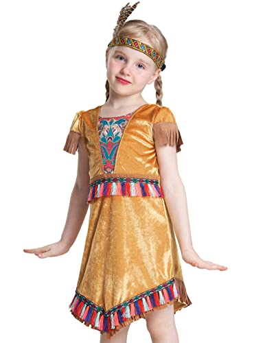 IKALI Girls Native American Costume, Kids Indian Costume Toddlers Children Halloween Role Play Costume Outfit Dress-Up Set