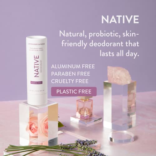 Native Plastic Free Deodorant | Natural Deodorant for Women and Men, Aluminum Free with Baking Soda, Probiotics, Coconut Oil and Shea Butter | Lavender & Rose