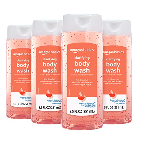 Amazon Basics Clarifying Pink Grapefruit Body Wash, 2% Salicylic Acid Acne Treatment, Dermatologist Tested, 8.5 Fluid Ounces, 4-Pack (Previously Solimo)