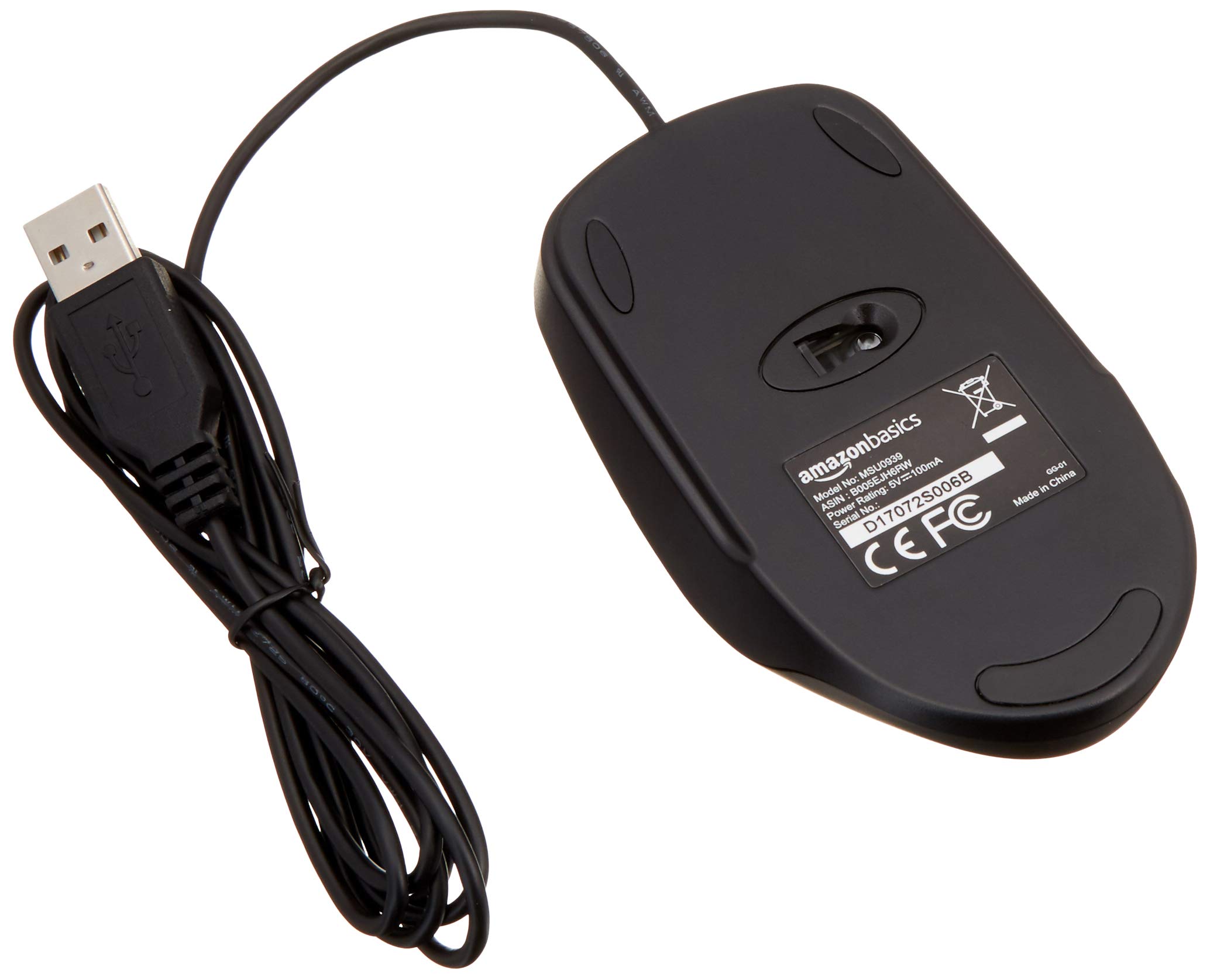 Amazon Basics 3-Button Wired USB Computer Mouse, Black