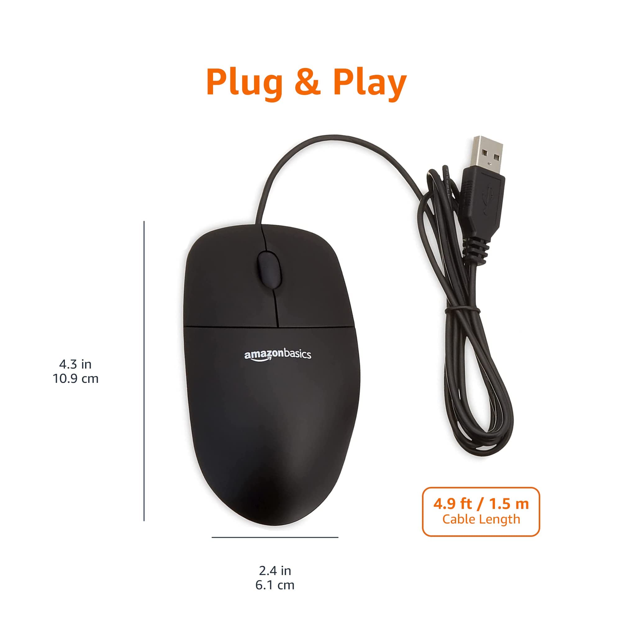 Amazon Basics 3-Button Wired USB Computer Mouse, Black