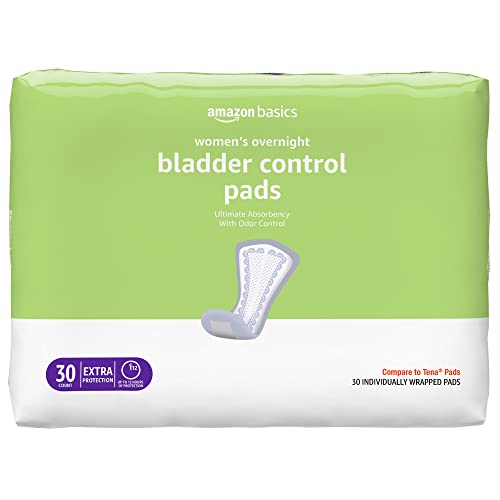 Amazon Basics Incontinence, Bladder Control & Postpartum Pads for Women, Overnight Absorbency, 30 Count, 1 Pack (Previously Solimo)