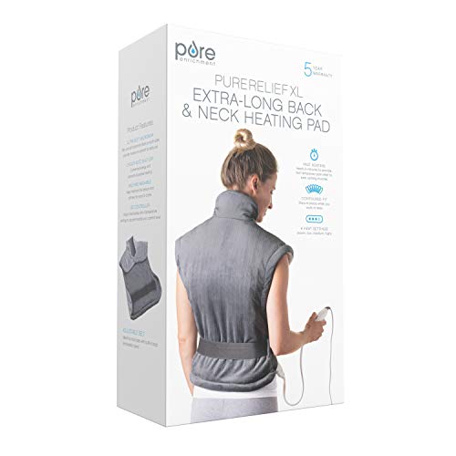 Pure Enrichment® PureRelief® XL Extra-Long Back & Neck Heating Pad, Safe Heat Therapy for Sore Muscles, Pain, & Cramps in Neck, Back, & Shoulders, 4 Heat Settings w/Auto Shut-Off, Soft Fabric (Gray)