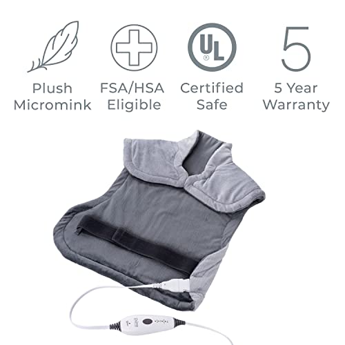 Pure Enrichment® PureRelief® XL Extra-Long Back & Neck Heating Pad, Safe Heat Therapy for Sore Muscles, Pain, & Cramps in Neck, Back, & Shoulders, 4 Heat Settings w/Auto Shut-Off, Soft Fabric (Gray)