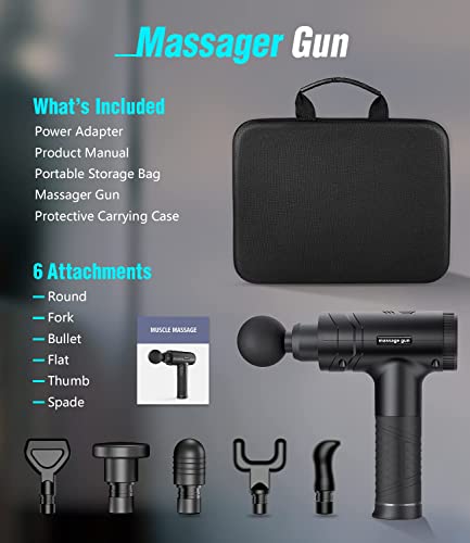 Massage Gun,Quiet Brushless Deep Tissue Percussion Muscle Massager Gun for Back Neck Relieve,Handheld Portable LCD Touch Screen Massage Gun with 30 Variable Speed,6 Massage Heads&Carrying Case (Black)