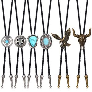 sailimue 6pcs handmade bolo tie for men western cowboy leather necktie native american necklaces natural tiger eye stone turquoise cow skull eagles bolo tie costume accessories for men women