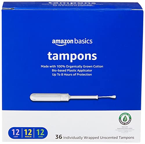 Amazon Basics Organic Tampons with Bio-Based Plastic Applicator, Light/Regular/Super Absorbency Multipack, Unscented, 36 Count, 1 Pack