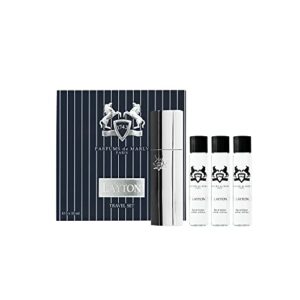 parfums de marly – layton – travel set – 3 x 0.35 fl oz – eau de parfum for men – top notes apple, bergamot, lavender – heart notes jasmine, violet, geranium – base notes vanilla, pepper – 3 x 10ml