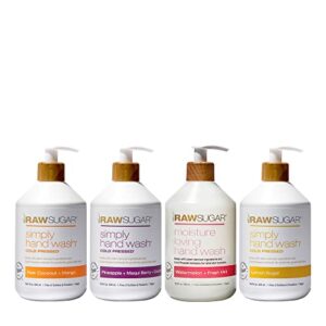 raw sugar hand wash variety bundle – lemon sugar, watermelon + fresh mint, pineapple + maqui berry + coconut & raw coconut + mango, sulfate-free & paraben-free (pack of 4)