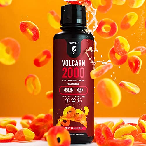 InnoSupps Volcarn 2000 - Advanced Fat Burning Liquid | L-Carnitine, GBEEC, Boost Energy, ATP Enhancer | Caffeine Free, No Artificial Sweeteners | 32 Servings (Candy Peach Rings)