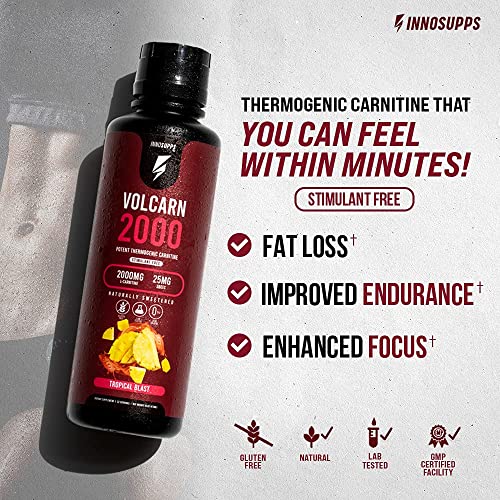 InnoSupps Volcarn 2000 - Advanced Fat Burning Liquid | L-Carnitine, GBEEC, Boost Energy, ATP Enhancer | Caffeine Free, No Artificial Sweeteners | 32 Servings (Candy Peach Rings)