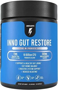 inno gut restore | digestive + probiotic support, prebiotic & probiotic supplement,10 billion cfu, added digestive enzymes, 60 capsules (30 servings)