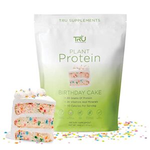 tru plant based protein powder, bcaa, eaa, 20g vegan protein, 100 calories, 27 vitamins, no artificial sweeteners 25 servings (birthday cake)