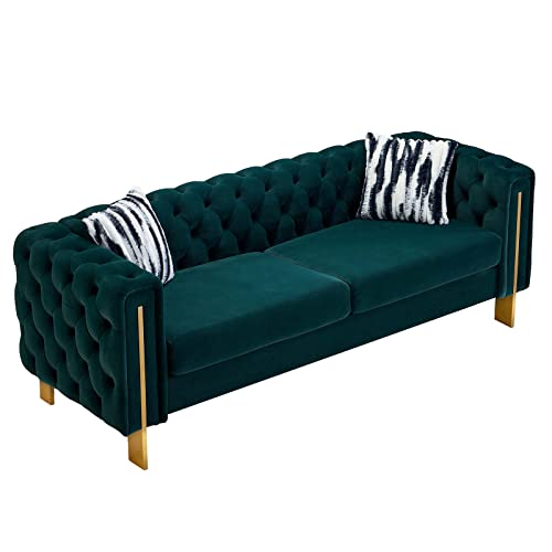 Dolonm Modern Velvet Sofa for Living Room, 84 Inches Long Tufted Couch Upholstered Sofa with 2 Pillows High Arm and Metal Legs Decor Furniture for Bedroom, Office (Green)