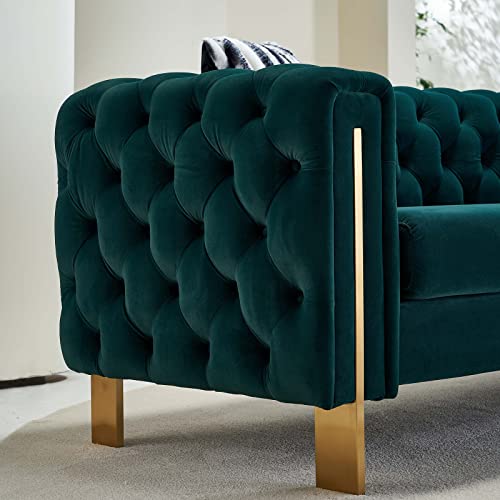 Dolonm Modern Velvet Sofa for Living Room, 84 Inches Long Tufted Couch Upholstered Sofa with 2 Pillows High Arm and Metal Legs Decor Furniture for Bedroom, Office (Green)