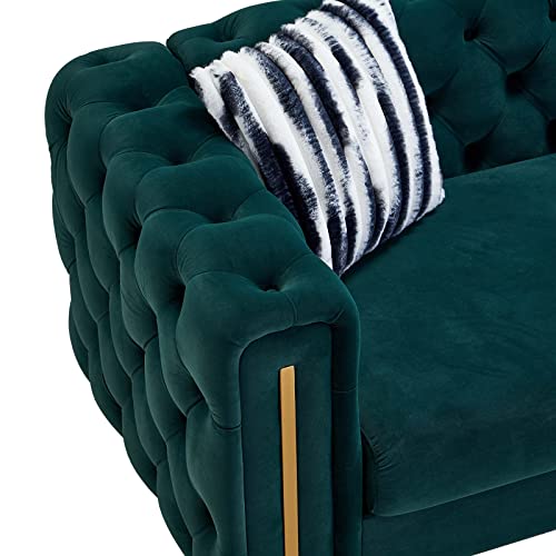 Dolonm Modern Velvet Sofa for Living Room, 84 Inches Long Tufted Couch Upholstered Sofa with 2 Pillows High Arm and Metal Legs Decor Furniture for Bedroom, Office (Green)