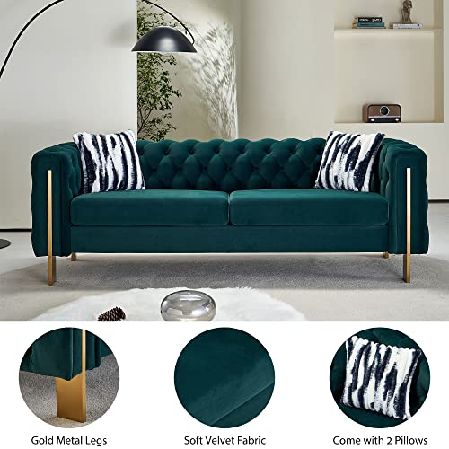 Dolonm Modern Velvet Sofa for Living Room, 84 Inches Long Tufted Couch Upholstered Sofa with 2 Pillows High Arm and Metal Legs Decor Furniture for Bedroom, Office (Green)