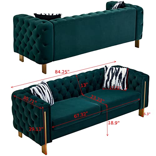 Dolonm Modern Velvet Sofa for Living Room, 84 Inches Long Tufted Couch Upholstered Sofa with 2 Pillows High Arm and Metal Legs Decor Furniture for Bedroom, Office (Green)