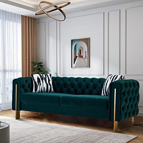 Dolonm Modern Velvet Sofa for Living Room, 84 Inches Long Tufted Couch Upholstered Sofa with 2 Pillows High Arm and Metal Legs Decor Furniture for Bedroom, Office (Green)