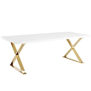 modway sector 87″ modern dining table with gold stainless steel metal x-base in white gold