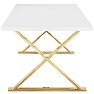 Modway Sector 87" Modern Dining Table with Gold Stainless Steel Metal X-Base in White Gold