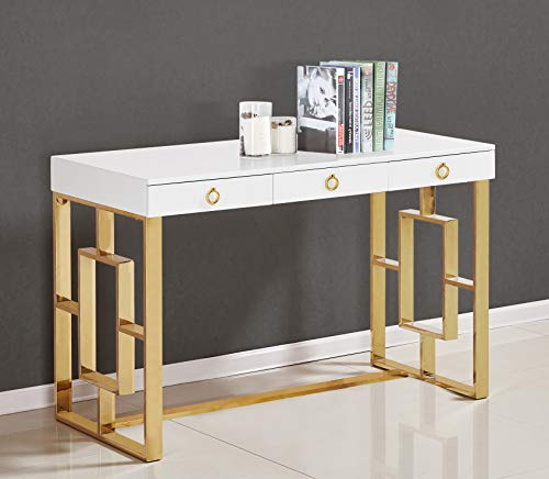 Best Master Furniture Brooke Mid-Century Modern Glossy Home Office Desk, White/Gold